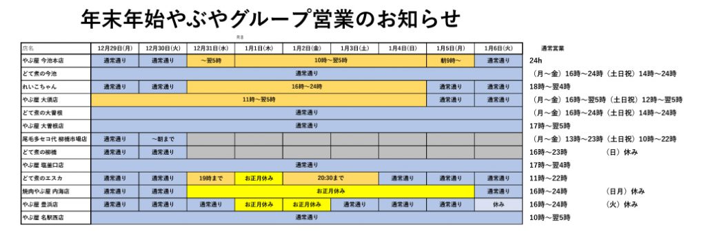 ≪年末年始_営業時間変更のお知らせ≫2025-2026 | やぶやグループ | やぶ屋 | とんちゃん | 名古屋